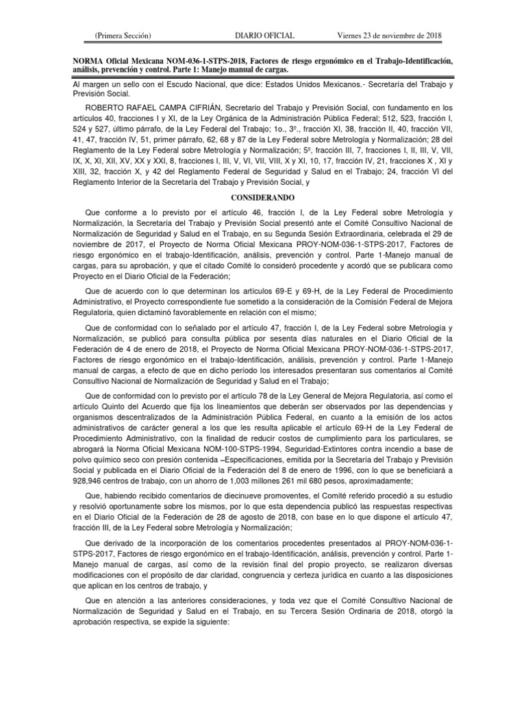 Nom-036-1-Stps-2018 Factores Ergonómicos | PDF | Factores humanos y ...