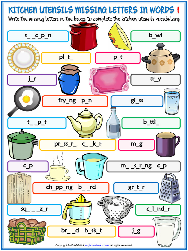 Kitchen Utensils Vocabulary Esl Missing Letters in Words Worksheets For ...
