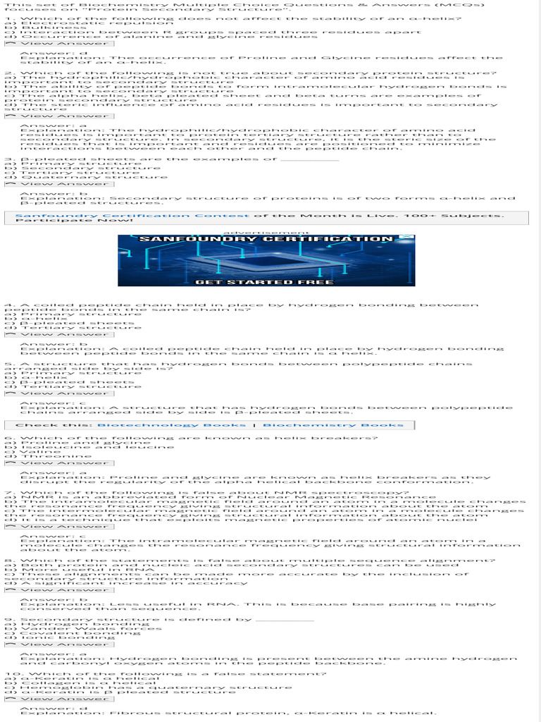 Protein Secondary Structure MCQs | PDF | Protein Structure | Biomolecular Structure