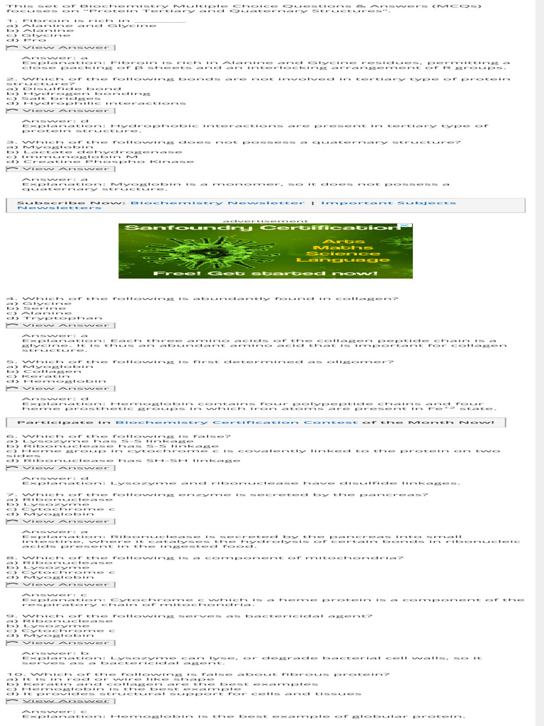 Protein Tertiary & Quaternary Structures - Biochemistry Questions and ...