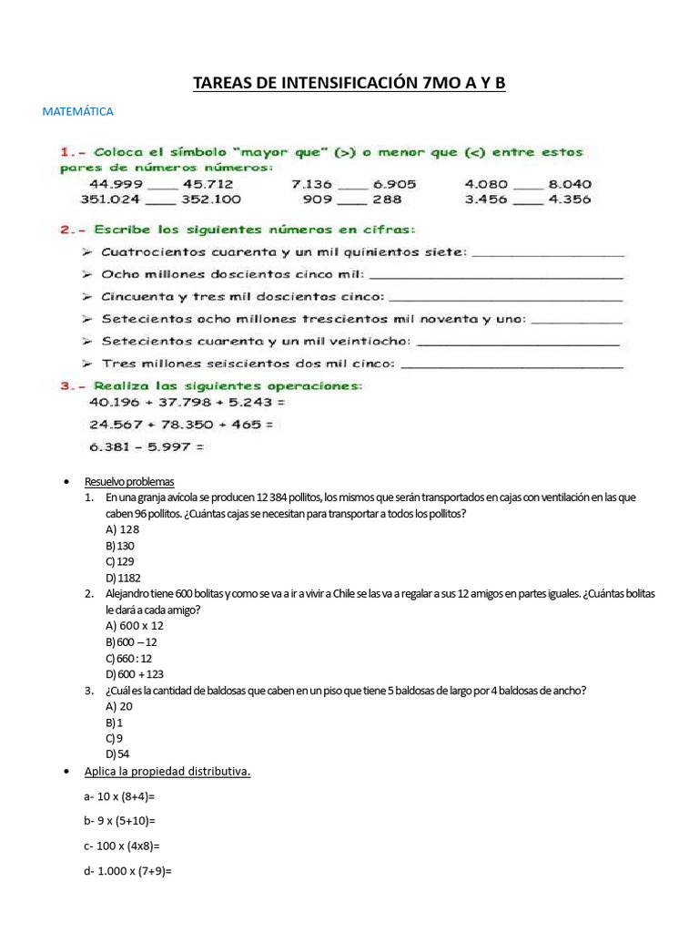 Tareas de Intensificación 7mo A y B Matemáticas y Lengua | PDF