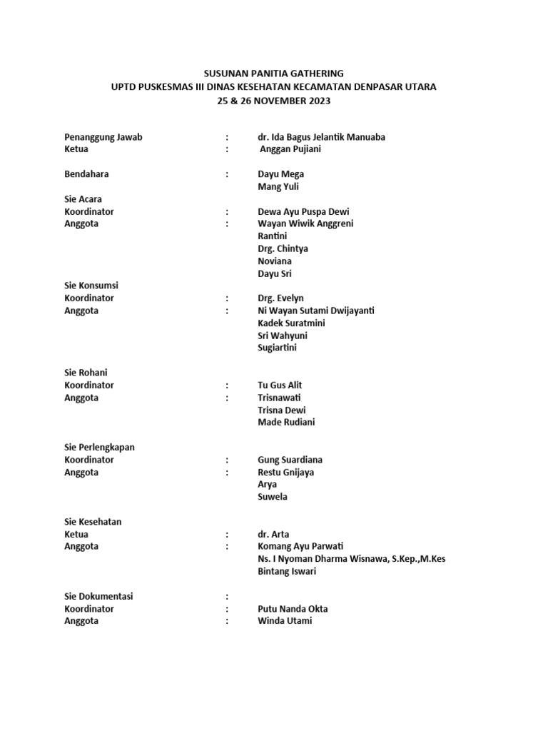 Susunan Panitia Gathering Bedugul | PDF