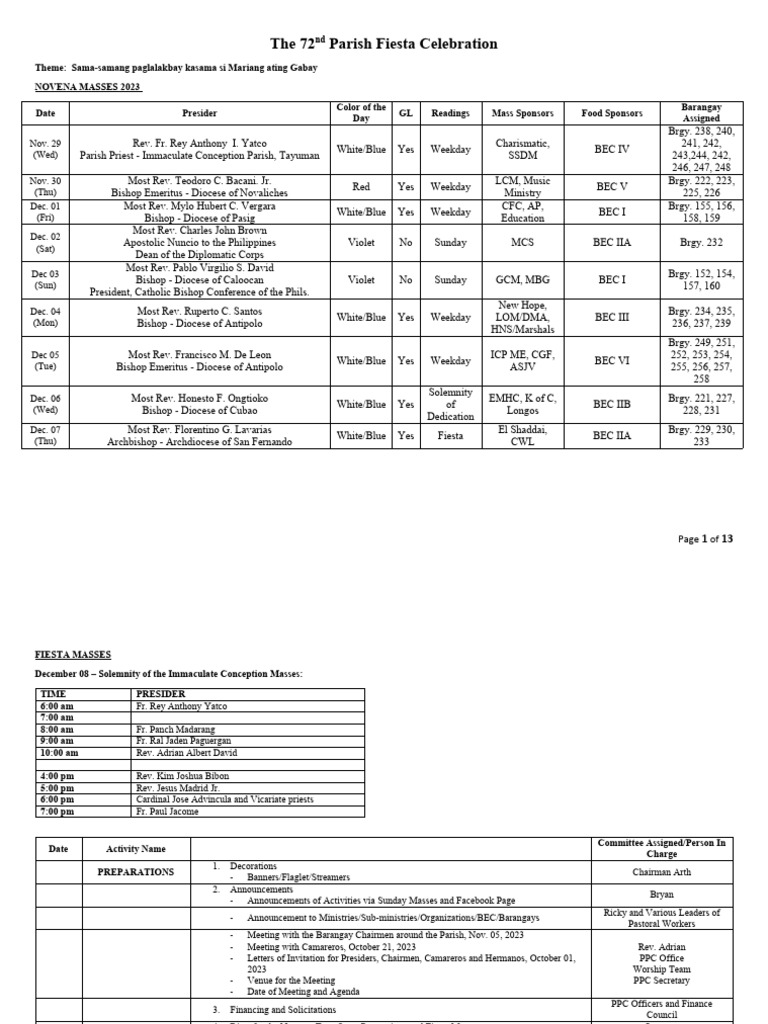 2024 Barangay Fiesta Celebration Plan | PDF | Mass (Liturgy) | Advent