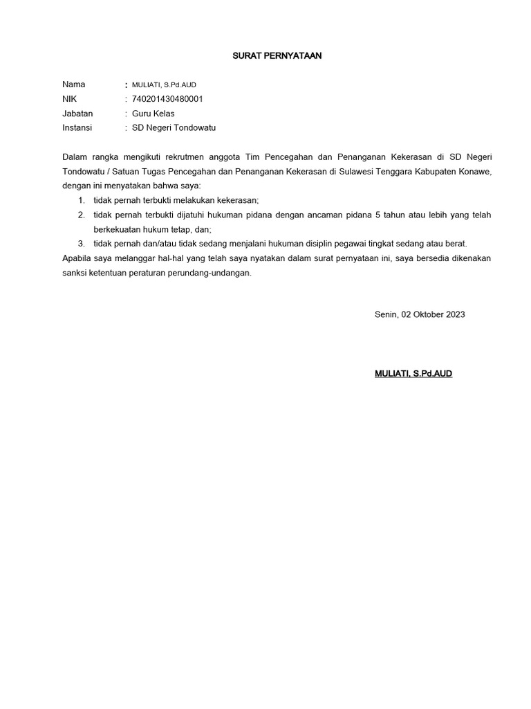 Surat Pernyataan TPPK | PDF