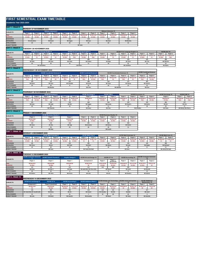 First Semestral Exam Timetable - 2023-2024 - G9 - G10 | PDF ...