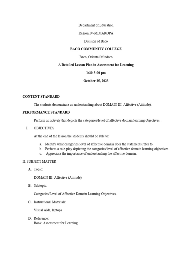 Affective Domain in Lesson Planning | PDF | Affect (Psychology ...