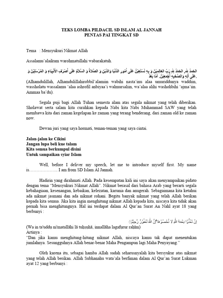 TEKS LOMBA Pidato PILDACIL SD ISLAM AL JANNAH | PDF