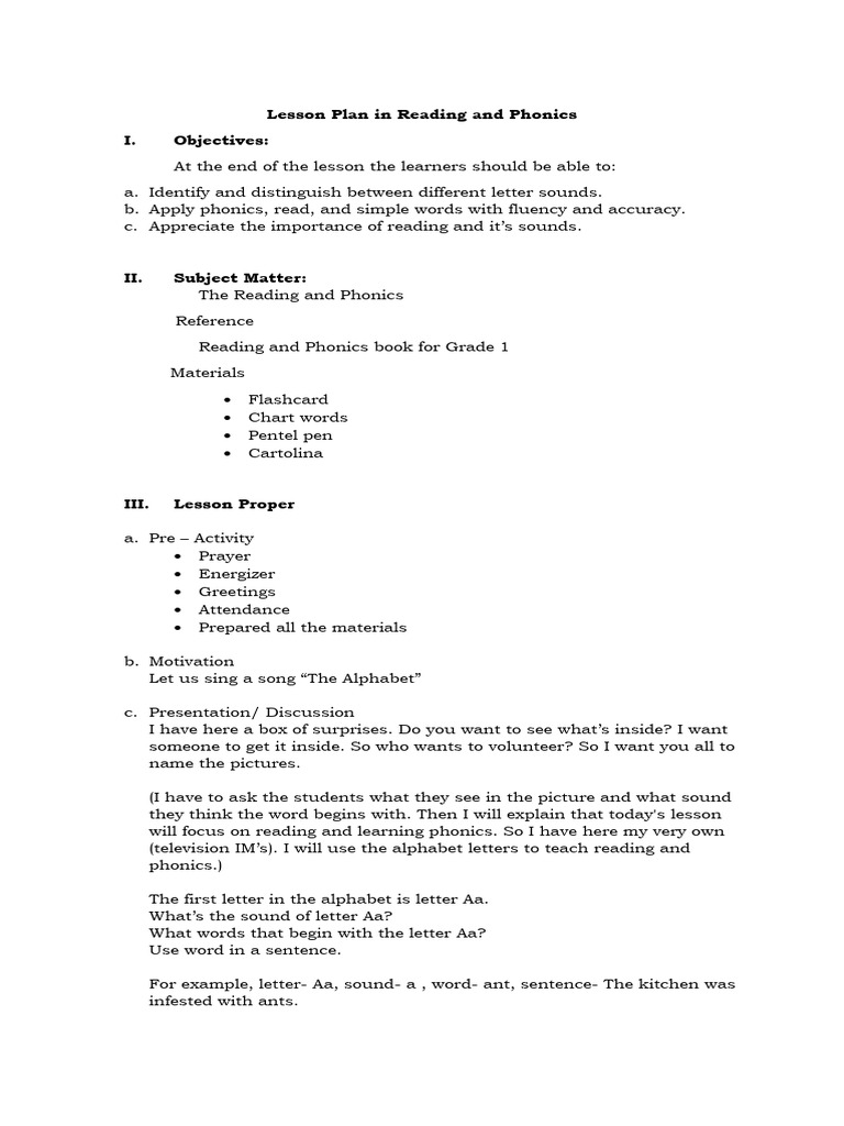 Lesson Plan Reading and Phonics | PDF | Phonics | Learning Methods
