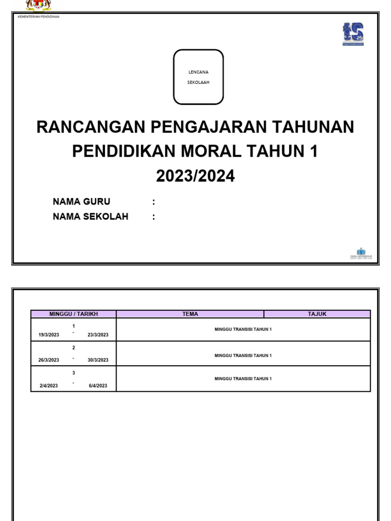 RPT Moral Tahun 1 2023-2024 by Cikgu Gorgeous | PDF