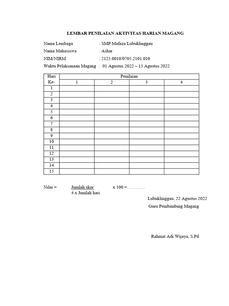 Lembar Penilaian Aktivitas Harian Magang | PDF