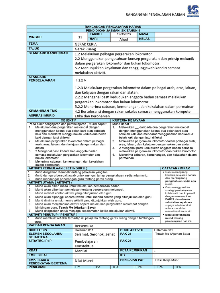 RPH Minggu 13 Pendidikan Jasmani THN 1 2023 by Cikgu Gorgeous | PDF