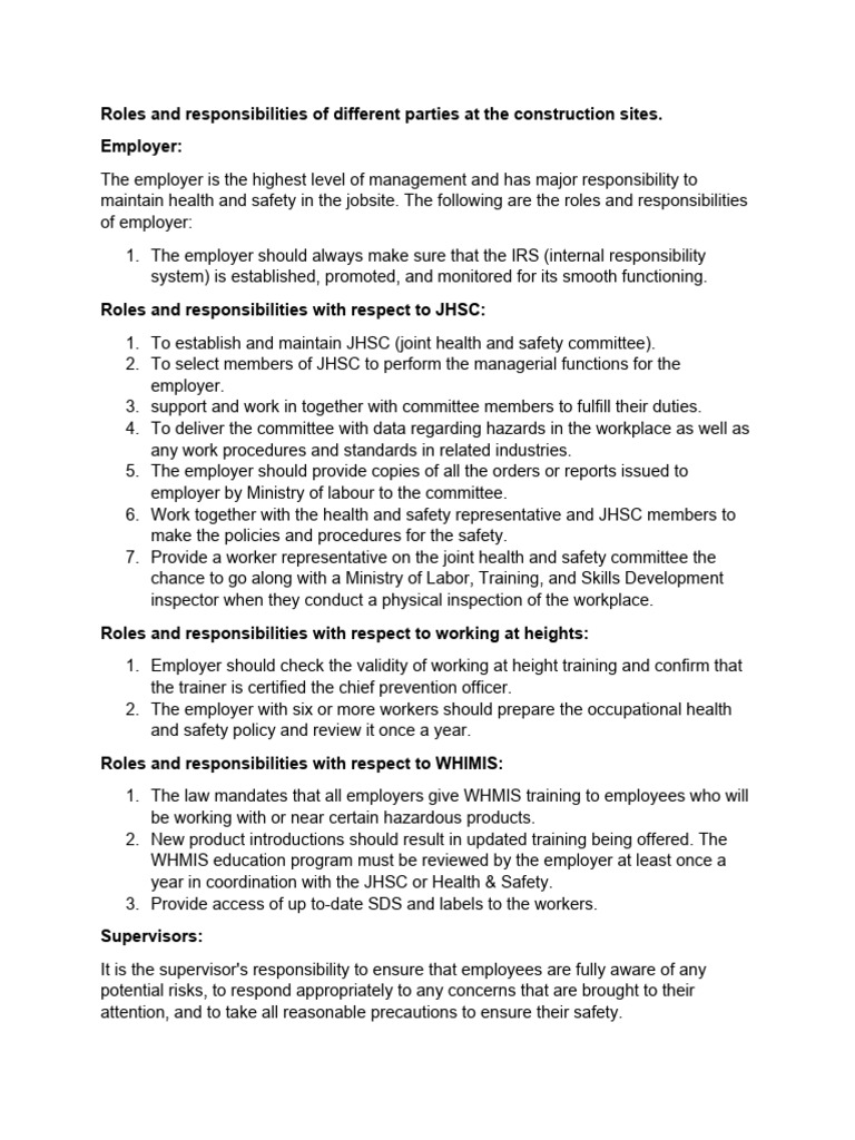 Construction Site Roles and Responsibilities | PDF | Occupational ...