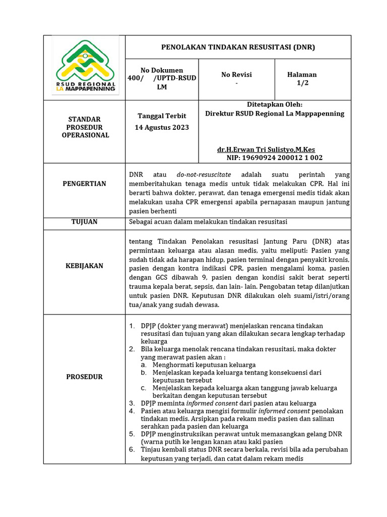 Spo Fix Penolakan Tindakan Resusitasi DNR | PDF