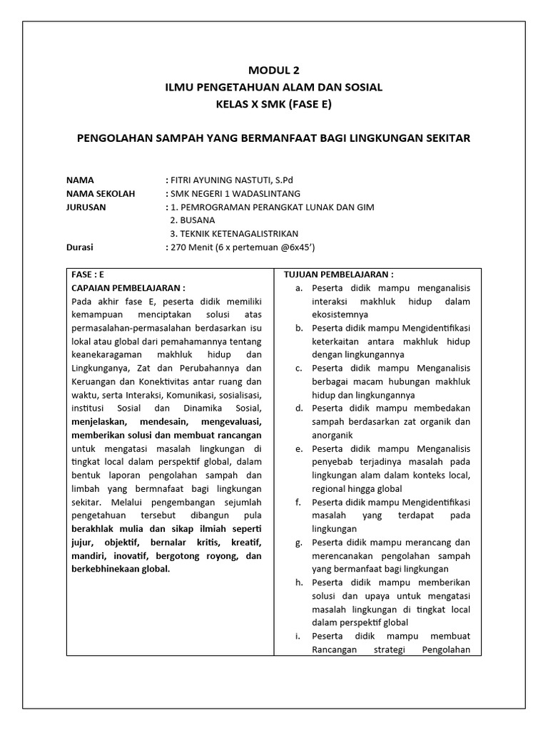 MODUL PROYEK IPAS TEMA 2 - Sampah | PDF