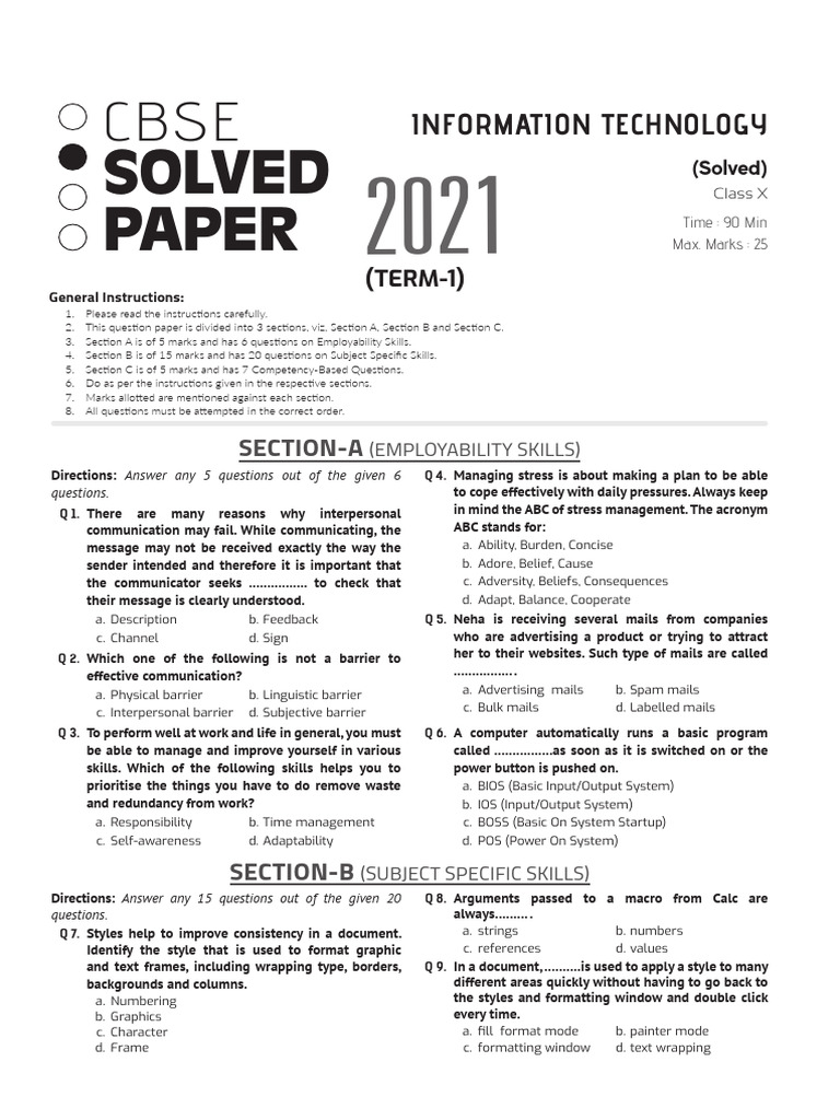 CBSE Solved Paper 2021 Term 1 Information Technology 10 | PDF | Spreadsheet | Worksheet