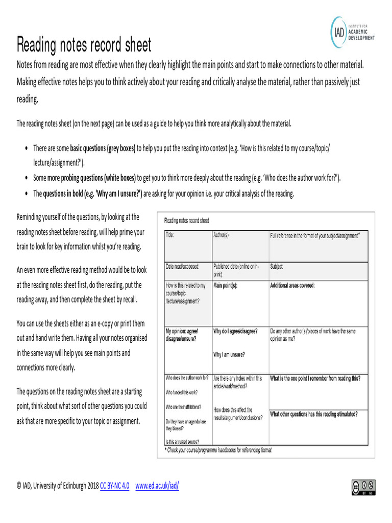 IAD Reading Notes Record Sheet CC 2018 | PDF | Critical Thinking ...