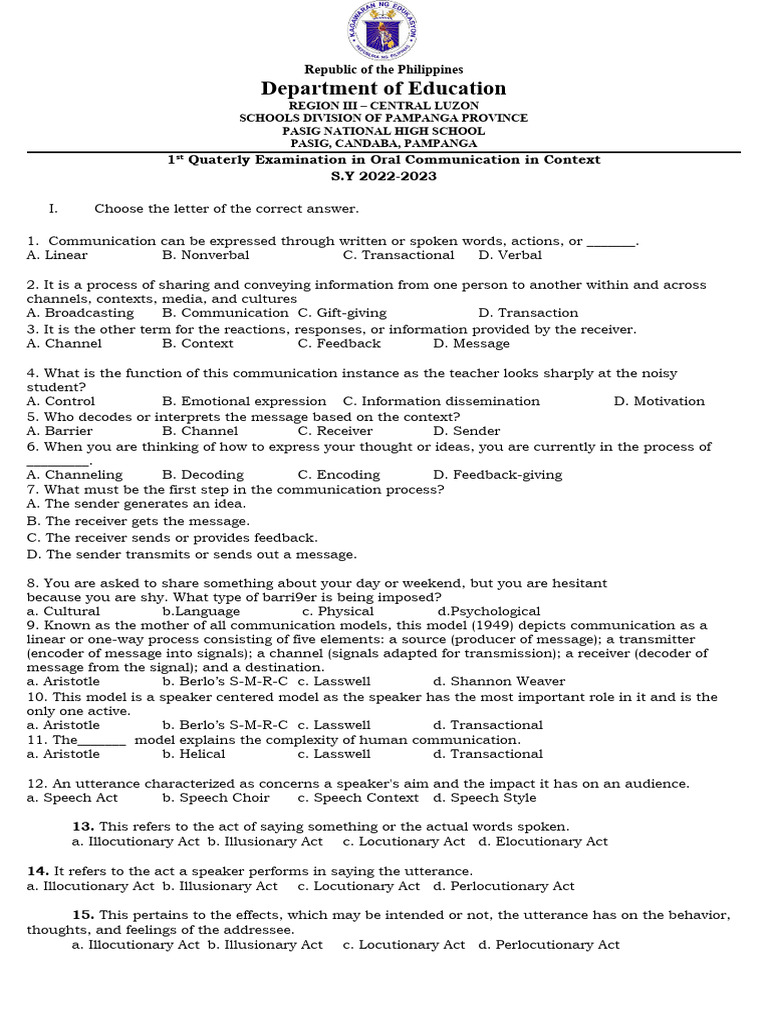 1st Q Exam Oral Comm | PDF | Communication | Human Communication
