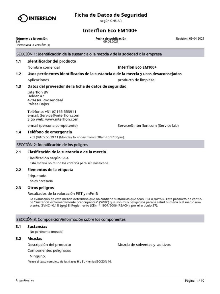 SDS Interflon Eco EM100 AR Es | PDF