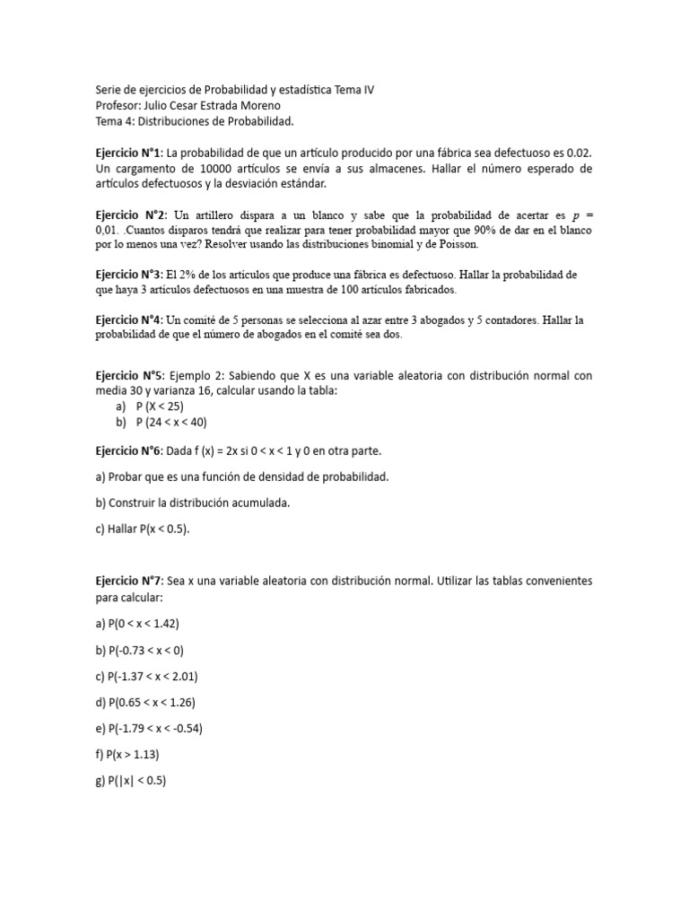 Serie de Ejercicios de Probabilidad y Estadística Tema 4 TICs | PDF | Métodos y materiales de ...