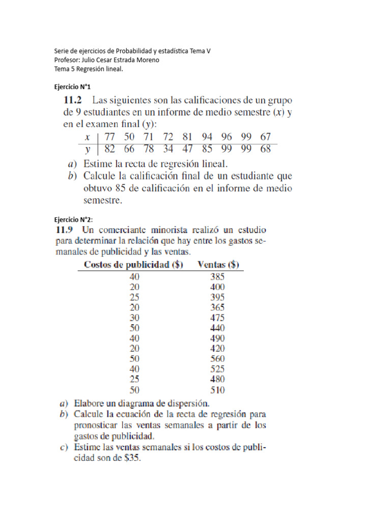Serie de ejercicios de Probabilidad y estadística Tema 5 TICs | PDF