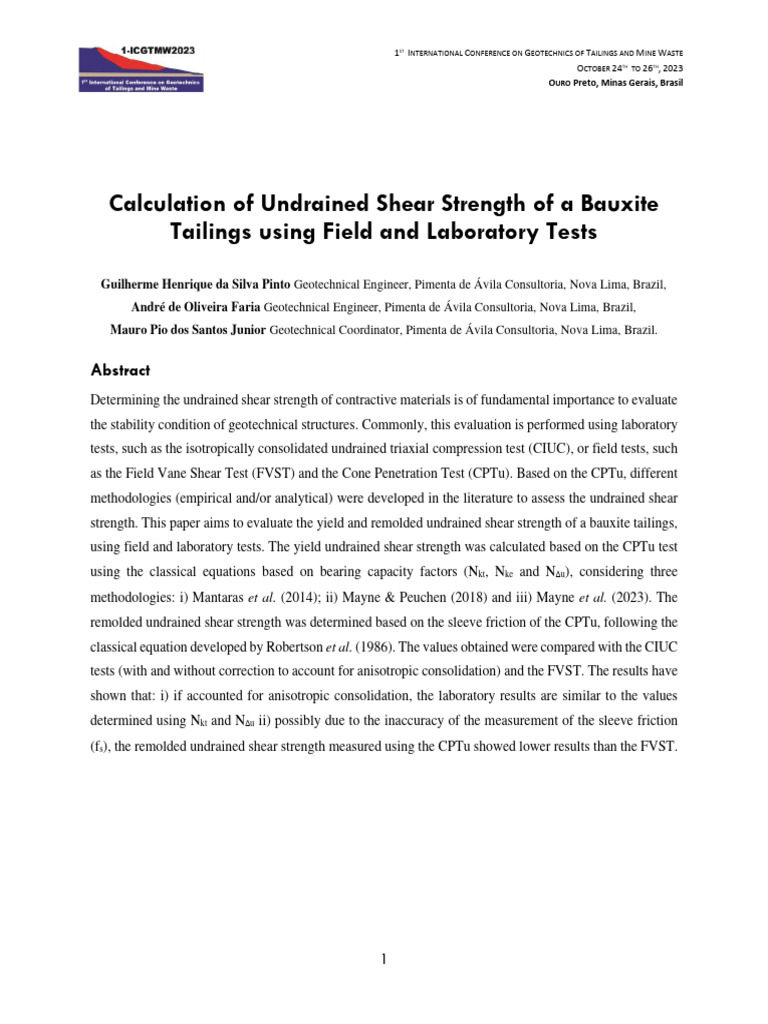 Calculation of Undrained Shear Strength of A Bauxite Tailings Using ...