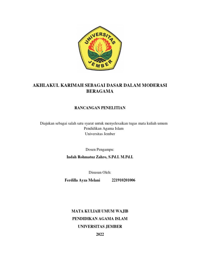 Rancangan Penelitian Akhlakul Kharimah Sebagai Dasar Dalam Moderasi Beragama Ferdila Ayza Melani ...