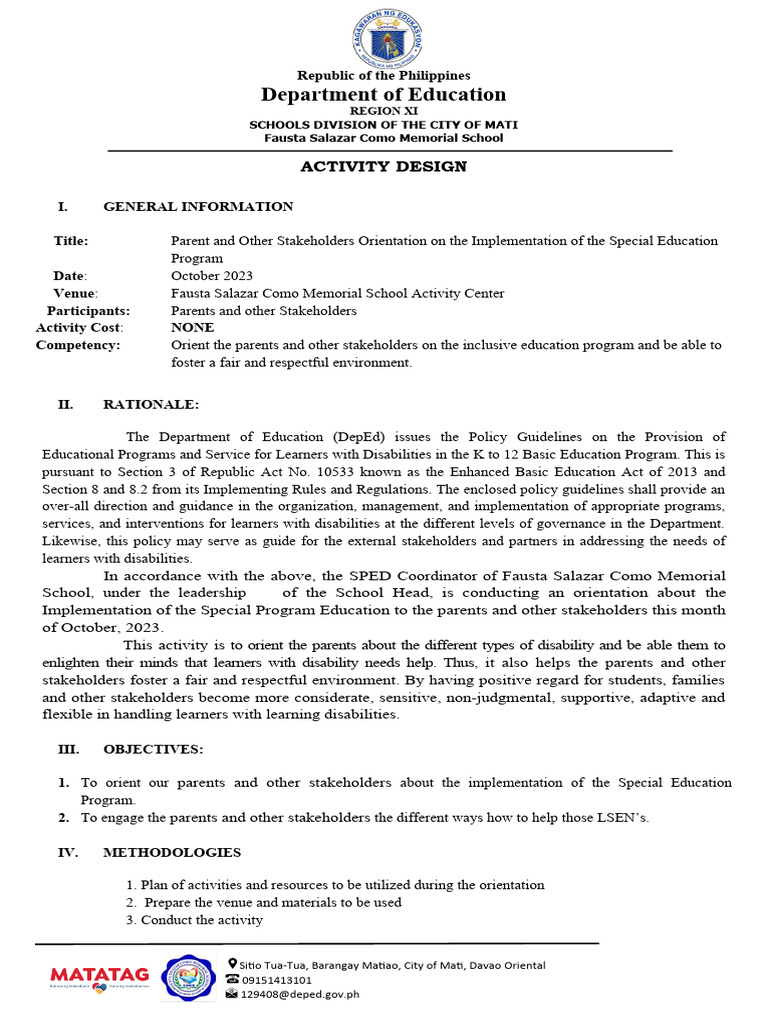 SPED ACTIVITY-DESIGN For Parents | PDF | Special Education