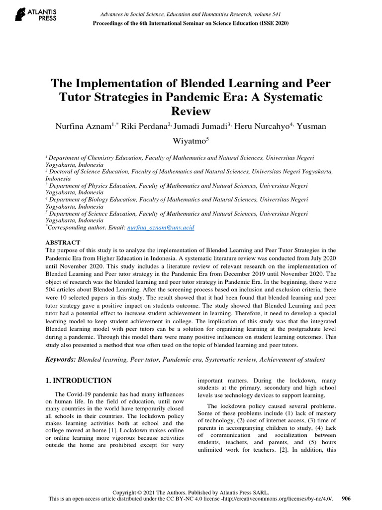The Implementation of Blended Learning and Peer Tutor Strategies in Pandemic Era: A Systematic ...