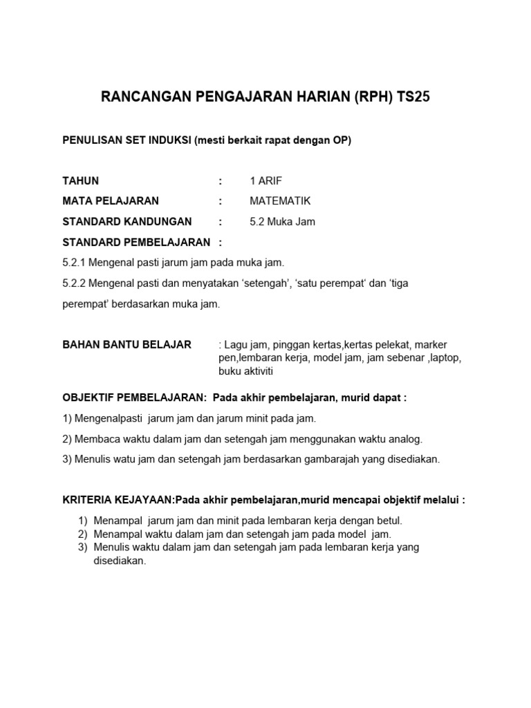 RPH Matematik Tahun 1 | PDF