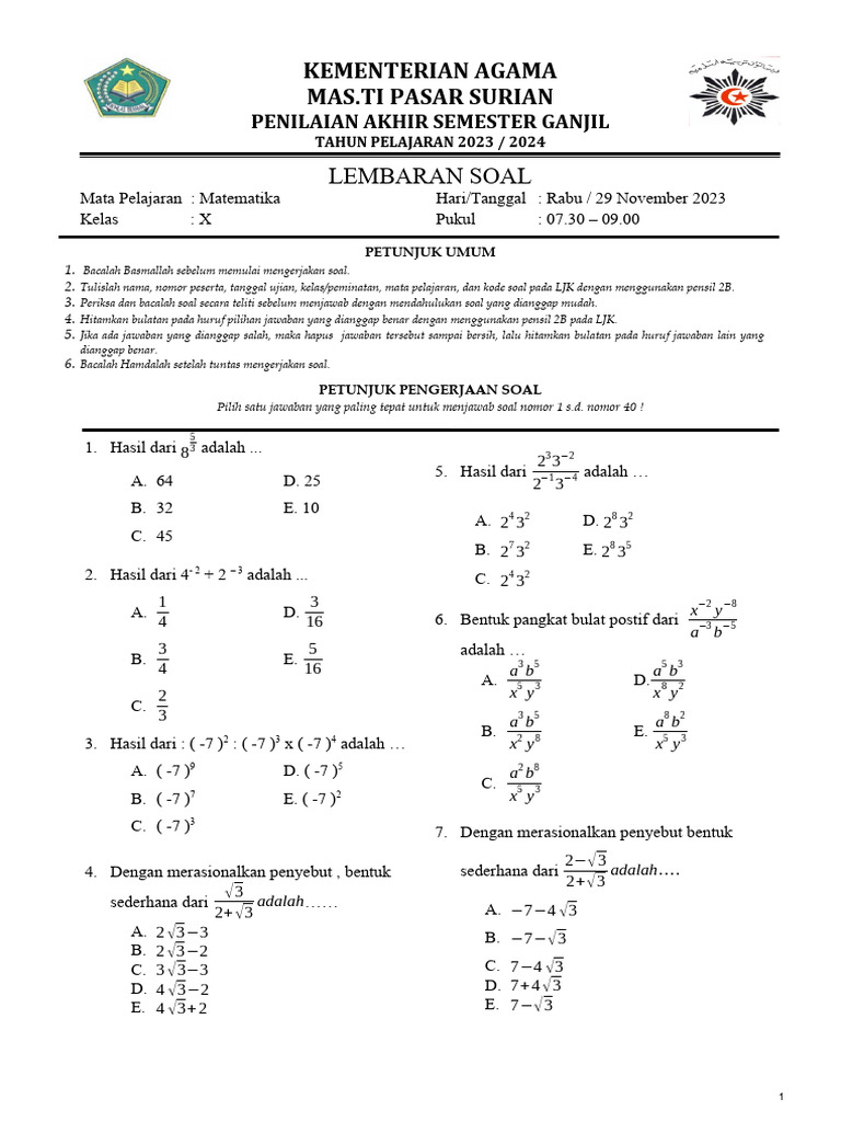 Soal Pas MTK Wajib Kelas X Semester Ganjil | PDF