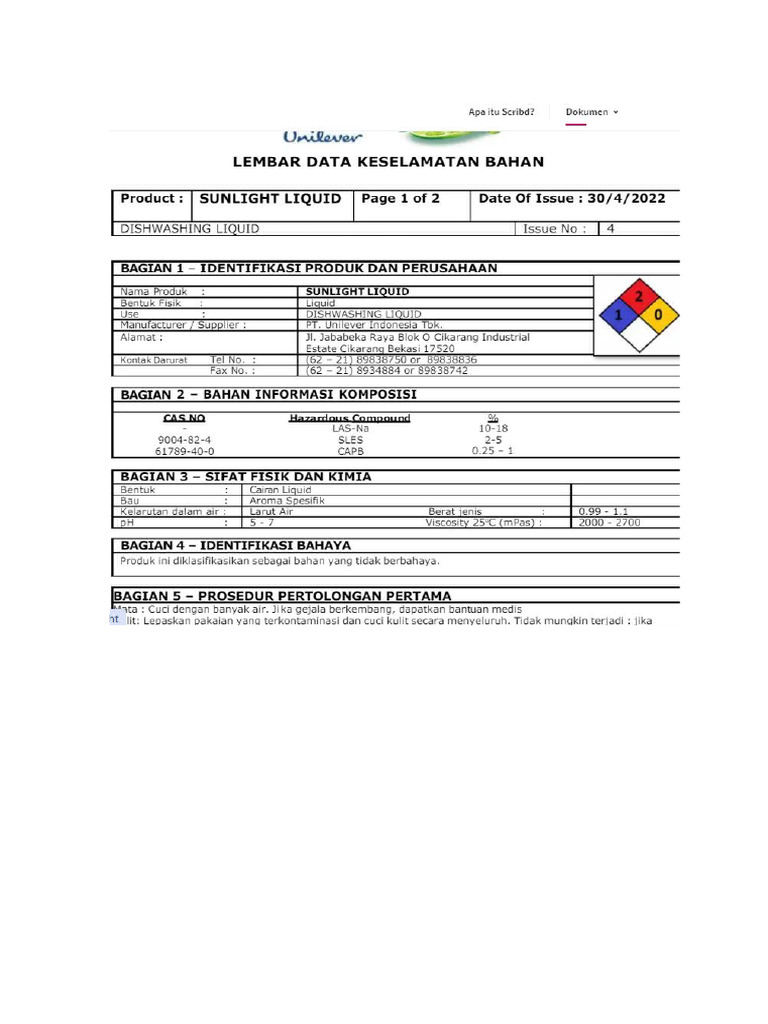 MSDS Sunlight | PDF
