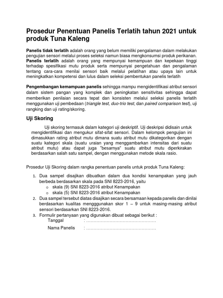 Penentuan Panelis Terlatih Tahun 2021 Untuk Produk Tuna Kaleng | PDF ...