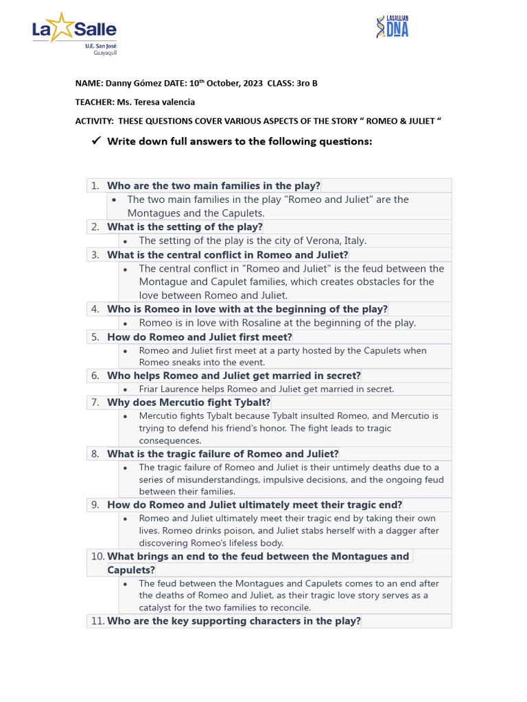 Homework Questions and Answers | PDF | Characters In Romeo And Juliet ...