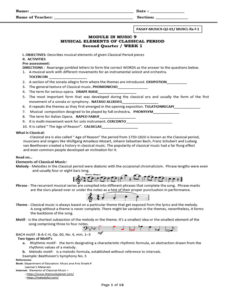 6 MAPEH 9 Week 1 | PDF | Classical Period (Music) | Body Mass Index