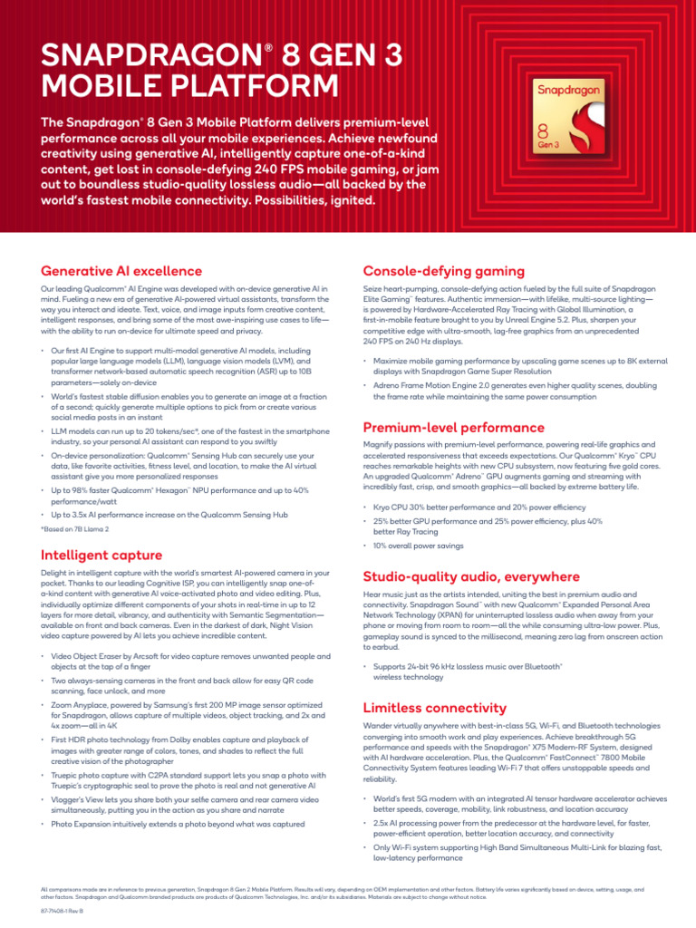 87-71408-1 REV B Snapdragon 8 Gen 3 Mobile Platform Product Brief | PDF | Computing | Computer ...