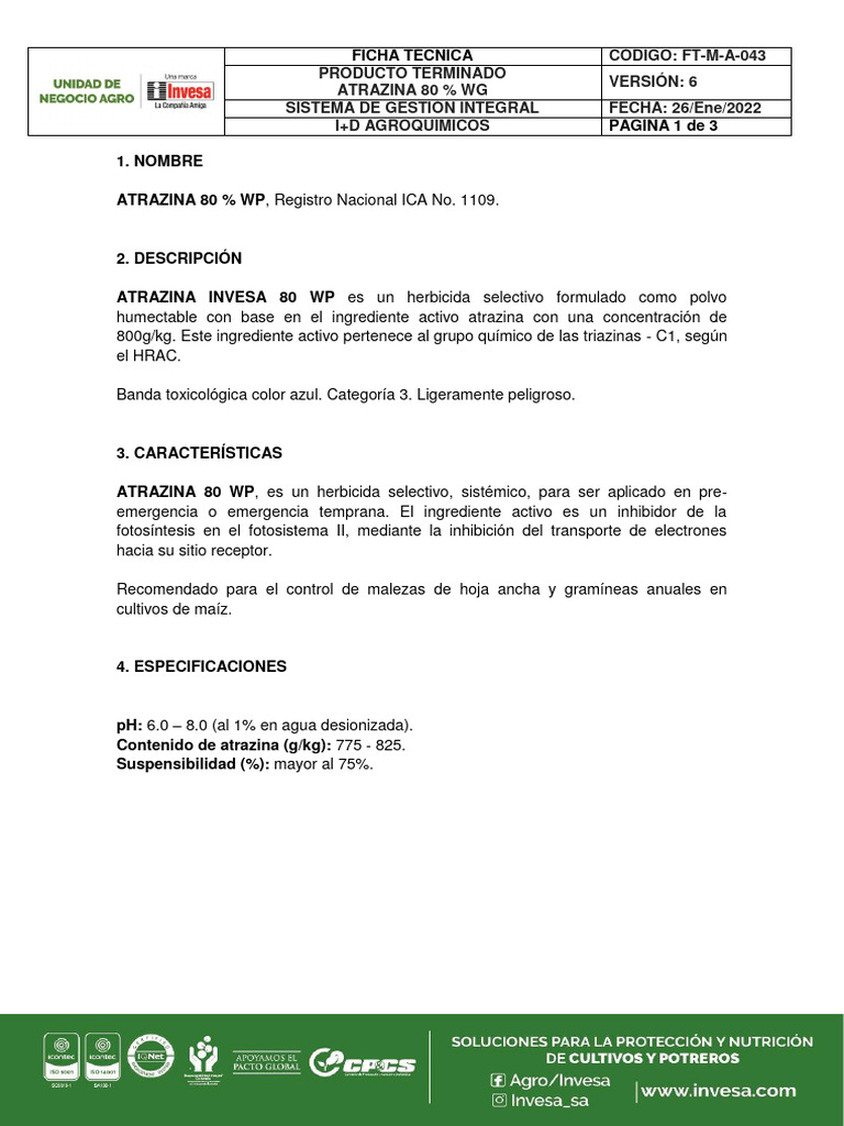 Ficha Técnica de Atrazina 80 WP | PDF | Herbicida | Agua