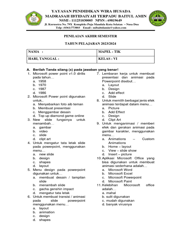 Soal PAS TIK Kelas 6 | PDF | Seni