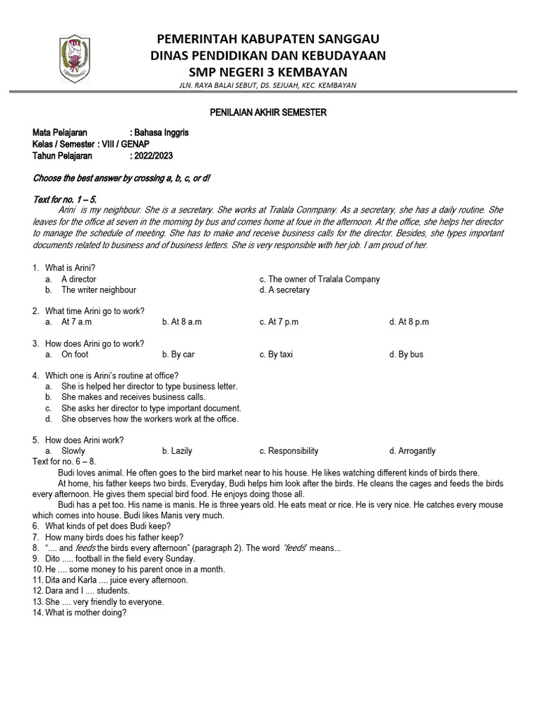 Soal Pas B. Ing KLS 8 Genap 2022-2023 | PDF