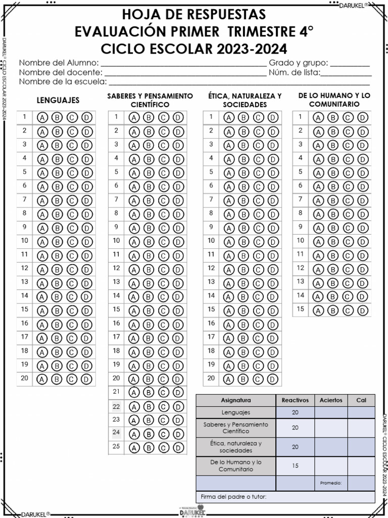 4° T1 Hoja de Respuestas Darukel 2023-2024 | PDF