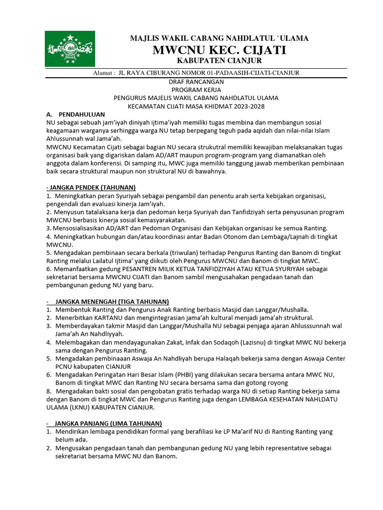Draf - Rancangan - Program - Kerja - MWC - NU CIJATI | PDF | Karier ...