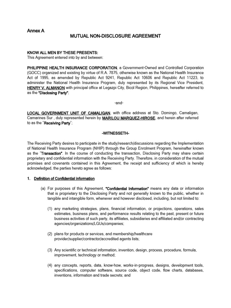 Annex A - PhilHealth NDA | PDF | Confidentiality | Legal Remedy