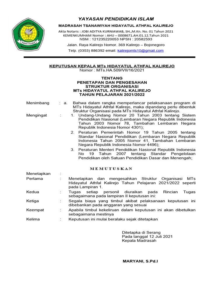 Dokumen Penetapan Dan Pengesahan Susunan Organisasi | PDF