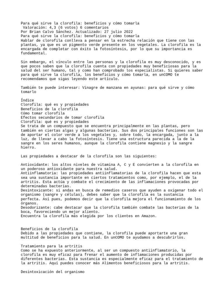Beneficios y usos de la clorofila | PDF | Alimentos | Plantas