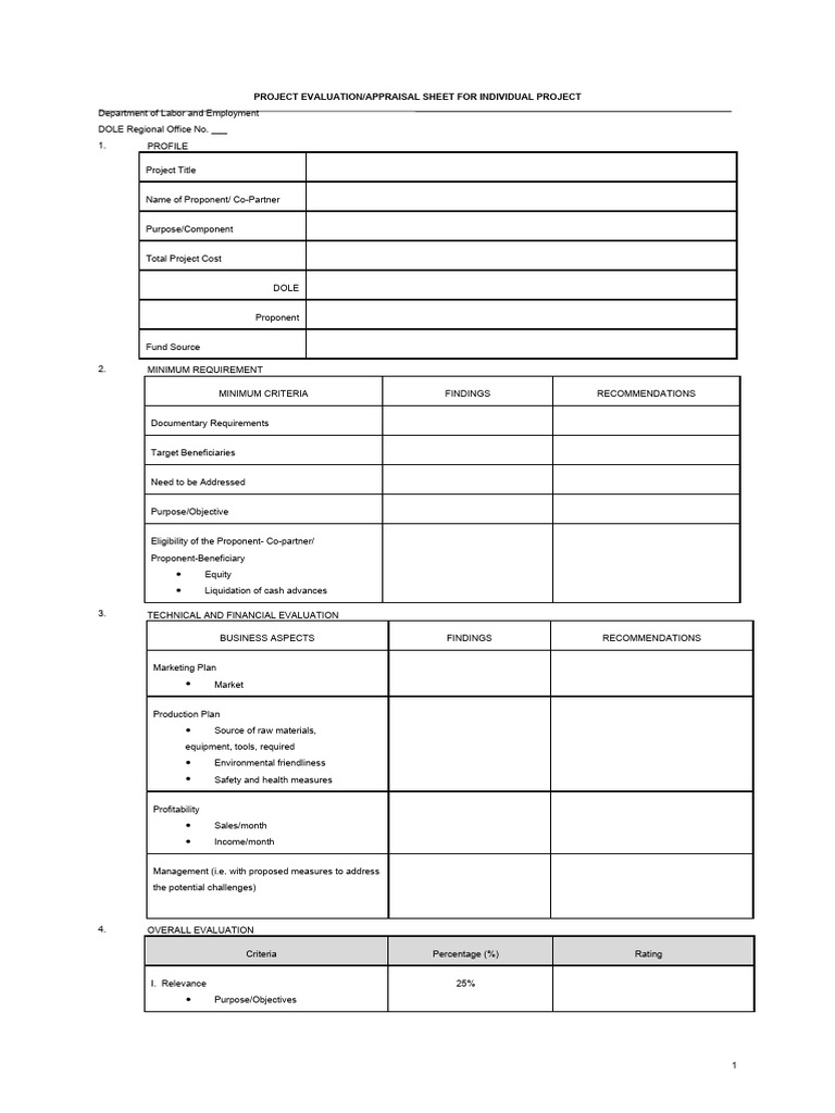 Annex S-1 - Project Evaluation Appraisal Sheet (Individual) | PDF | Unemployment Benefits ...