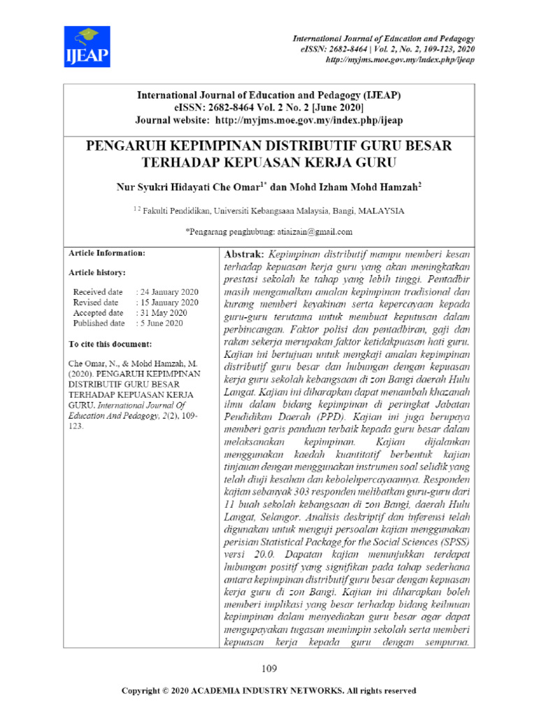 Pengaruh Kepimpinan Distributif Guru Besar Terhadap Kepuasan Kerja Guru ...