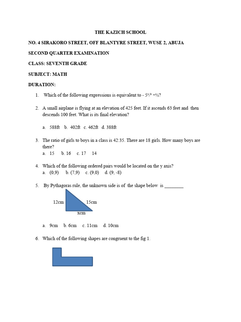 Seventh Grade Math Examination | PDF | Angle | Mathematics