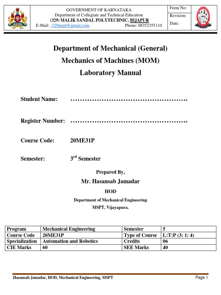 MOM Lab Manual | PDF | Stress (Mechanics) | Stress–Strain Analysis