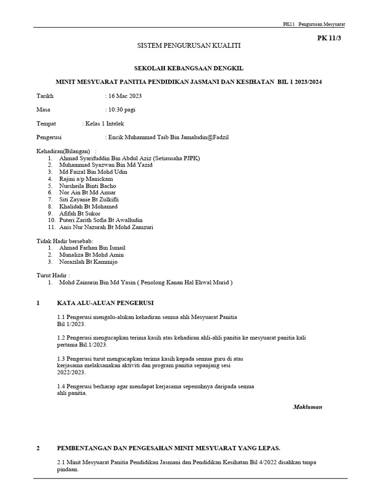 Minit Mesyuarat Panitia PJPK Bil 1 2023 | PDF