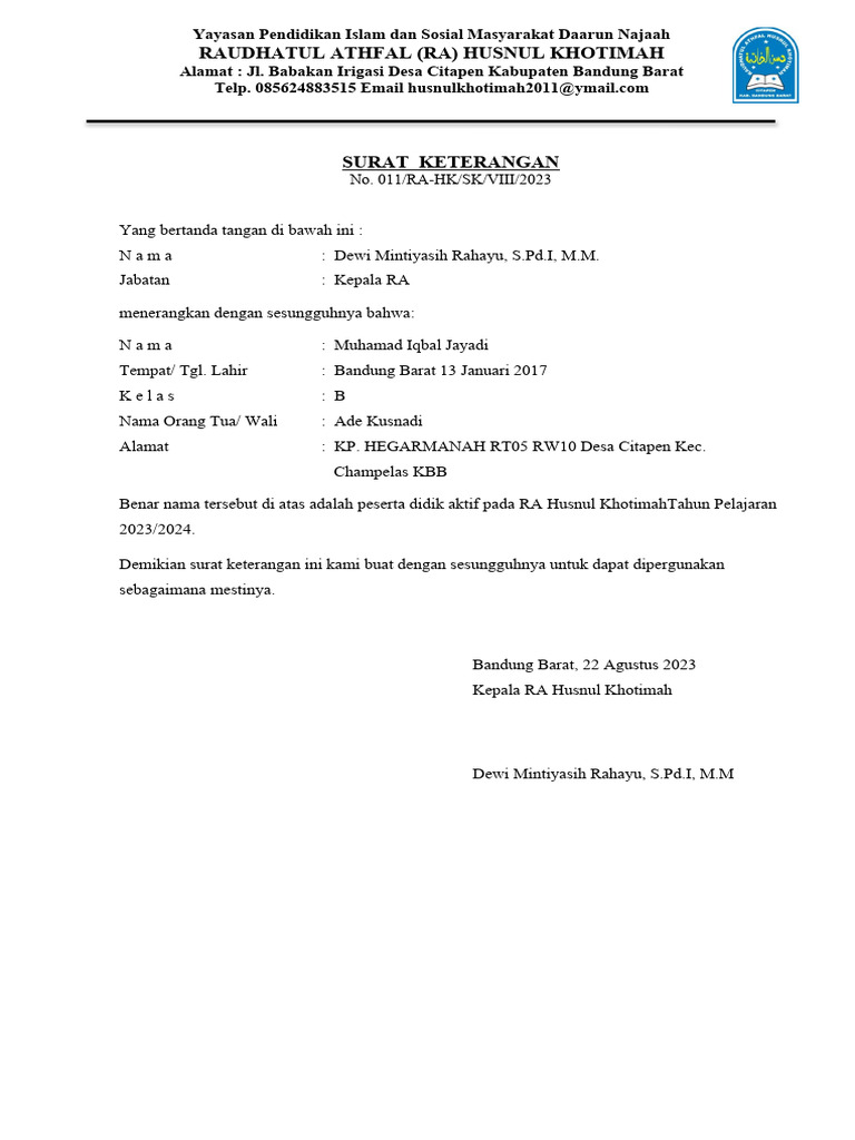 Contoh Surat Keterangan Siswa | PDF