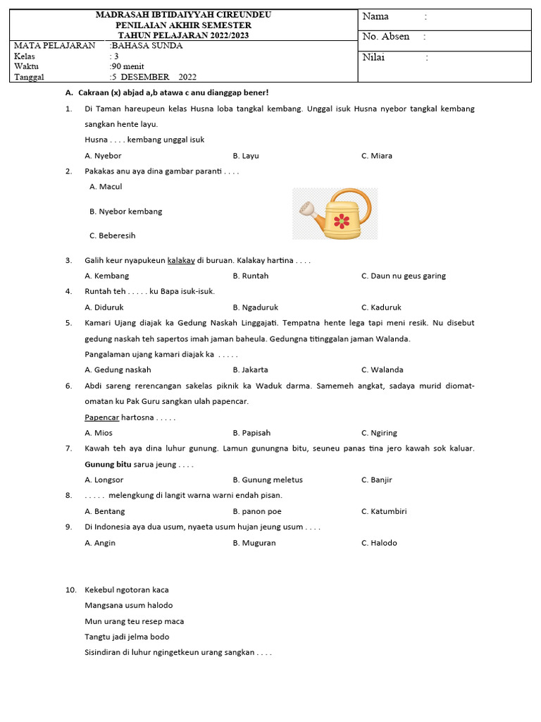 Soal Bahasa Sunda Kelas 3 MI | PDF